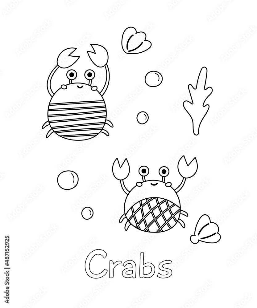Coloring book with ocean animals. Cute cartoon crabs and shells. Learn ...