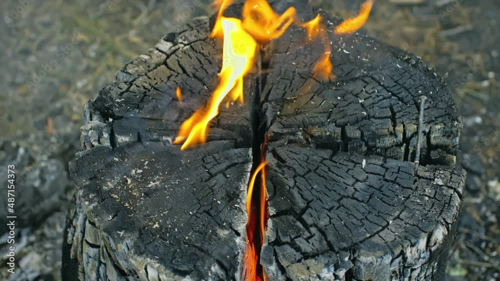 Swedish or finnish log candle. Fire burning from inside the wooden log ...