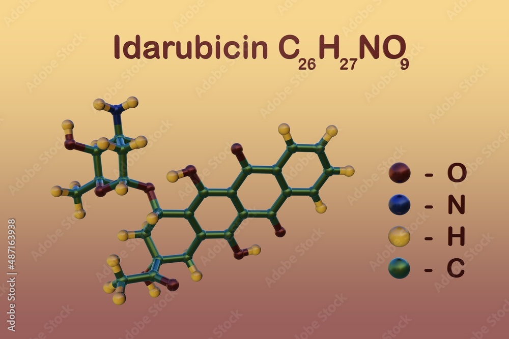 Structural chemical formula and molecular model of idarubicin, an ...