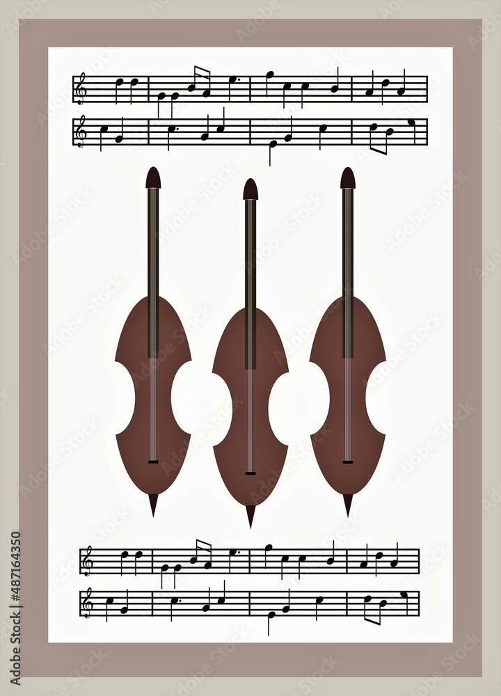Musical poster design. stave, musical notes and 3 cellos on the white ...