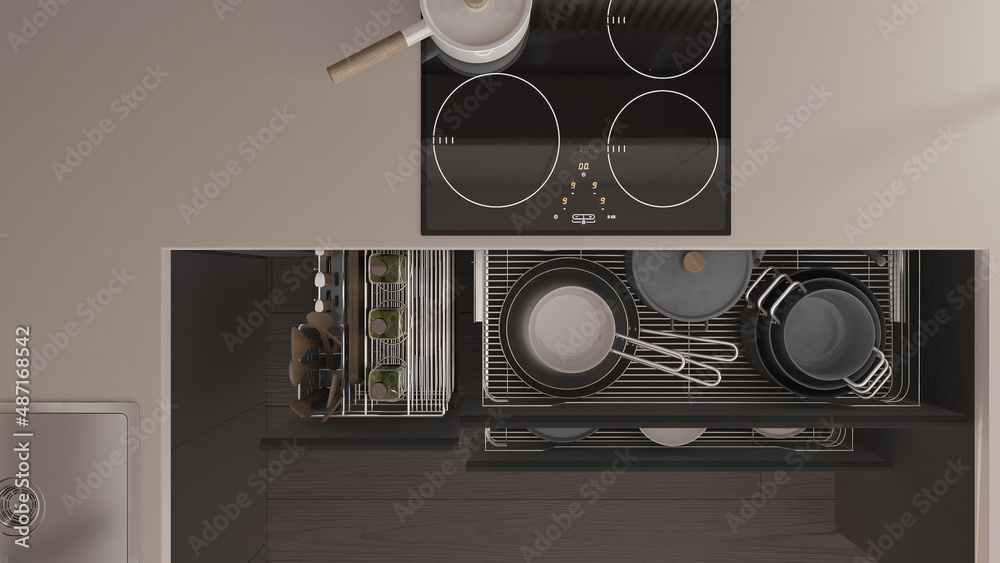 Dark and wooden kitchen close up with open drawers with plates, pots ...