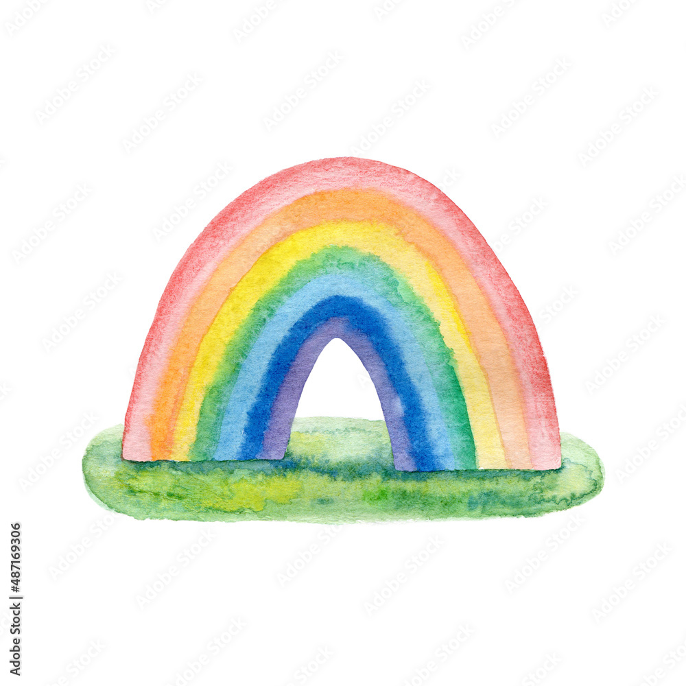 Rainbow and field.Watercolor hand drawn illustration.White background ...