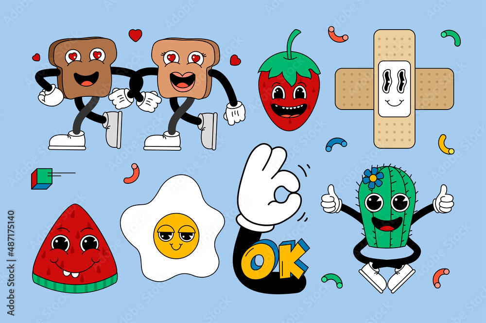 Retro cartoon stickers with funny comic characters, gloved hands ...