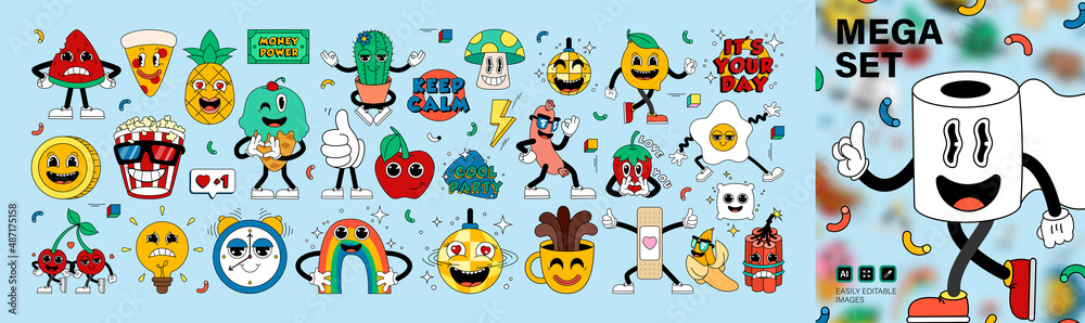 Mega set retro cartoon stickers with funny comic characters, gloved ...