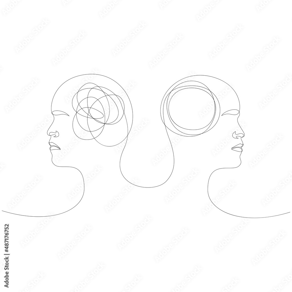 Two human heads with opposite thinking. The concept of chaos and order ...