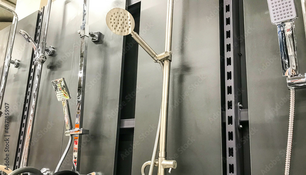 the shower on the counter is attached to the display case. merchandise ...