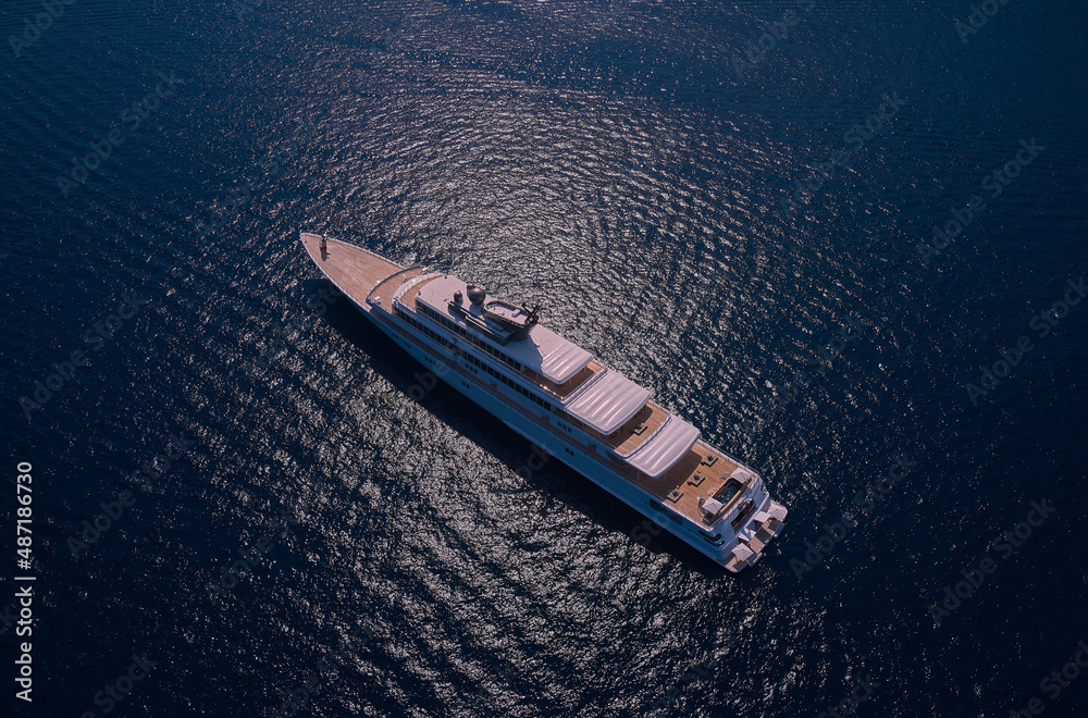 Big white super ship in the dark ocean aerial view. Big yacht for ...