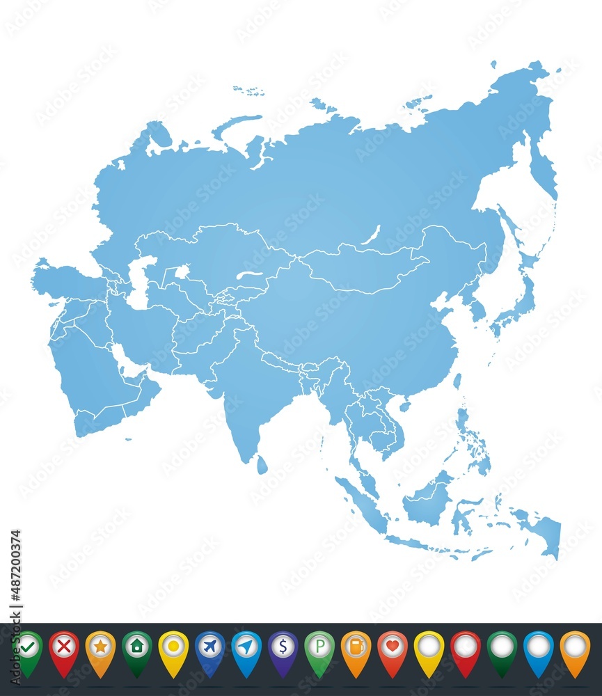 Outline blue map of Asia continent with borders Stock Vector | Adobe Stock