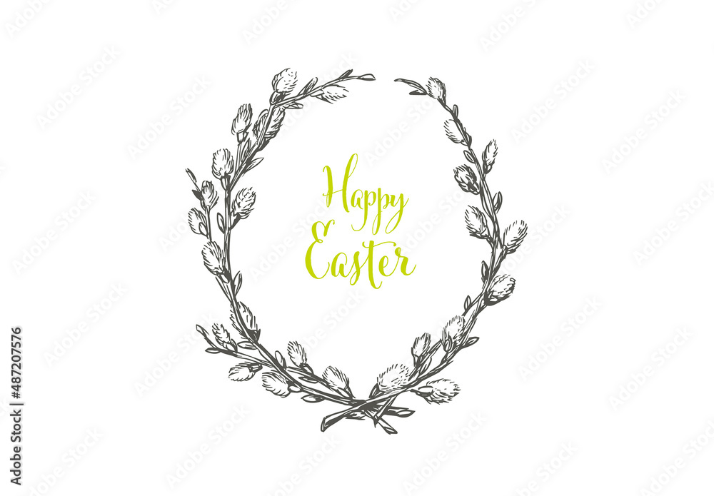 Happy Easter Hand Drawn Ink Card Layout with Catkin Spray Drawing Stock ...