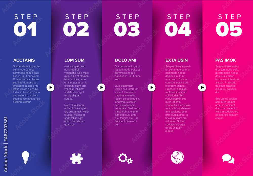 Five Purple Steps Progress Page Layout with Color Blocks Stock Template ...