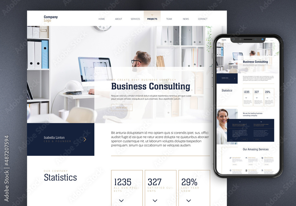 Business Presentation Website with Blue and Gold Accents Stock Template ...