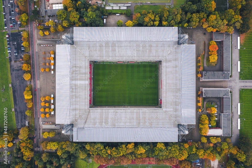 Aerial view directly above RheinEnergieSTADION, home stadium for 1. FC ...