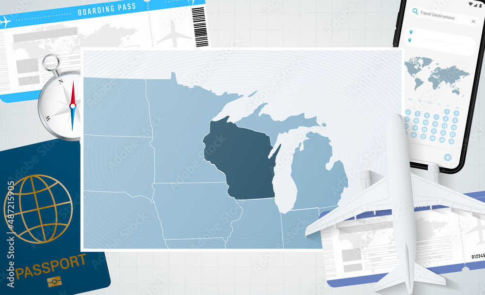 Journey to Wisconsin, illustration with a map of Wisconsin. Background ...