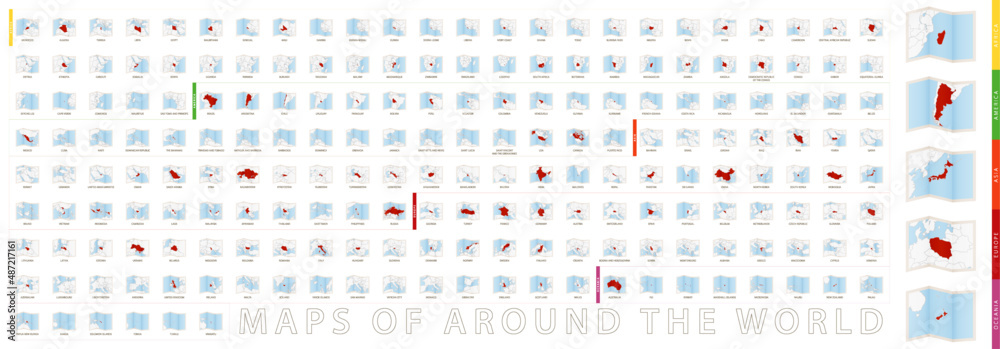 Collection of folding maps of the world, a map with two folds. Stock ...