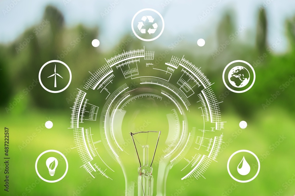 Green forest with moss and grass with lightbulb. Symbols of sustainable ...