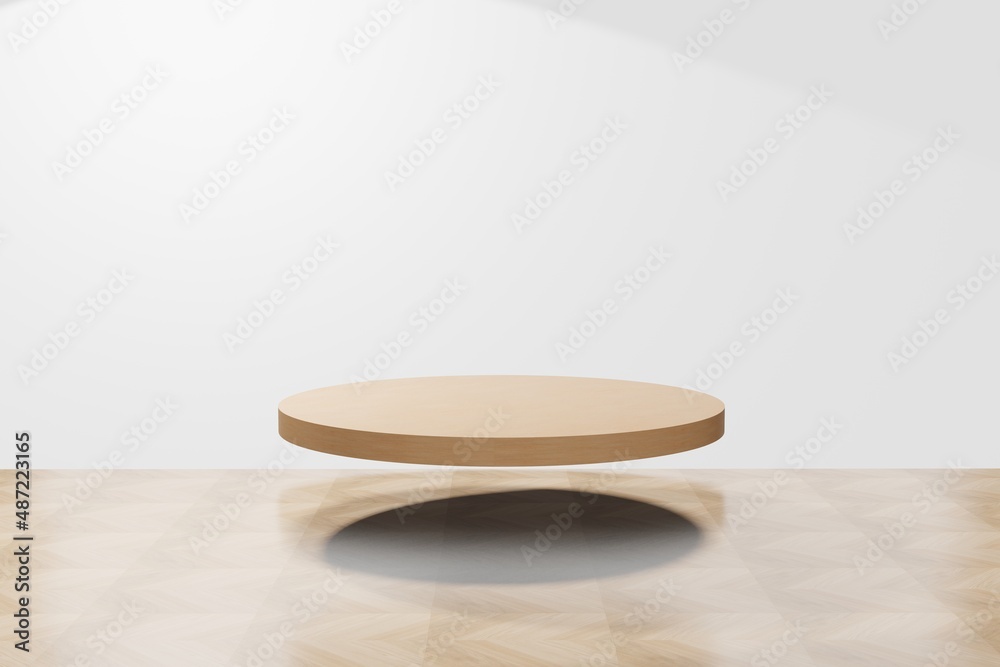 pedestal display with wooden circle and abstract white background with ...