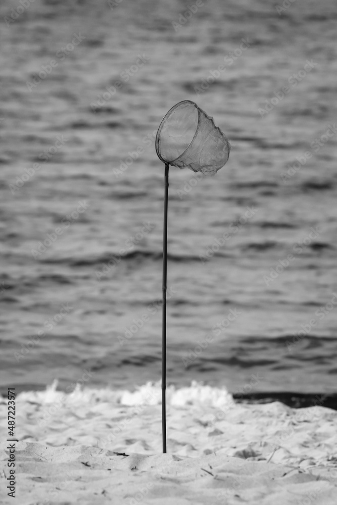 Am Ostseestrand steckt ein Fischfangnetz, ein Keschernetz für Fische ...
