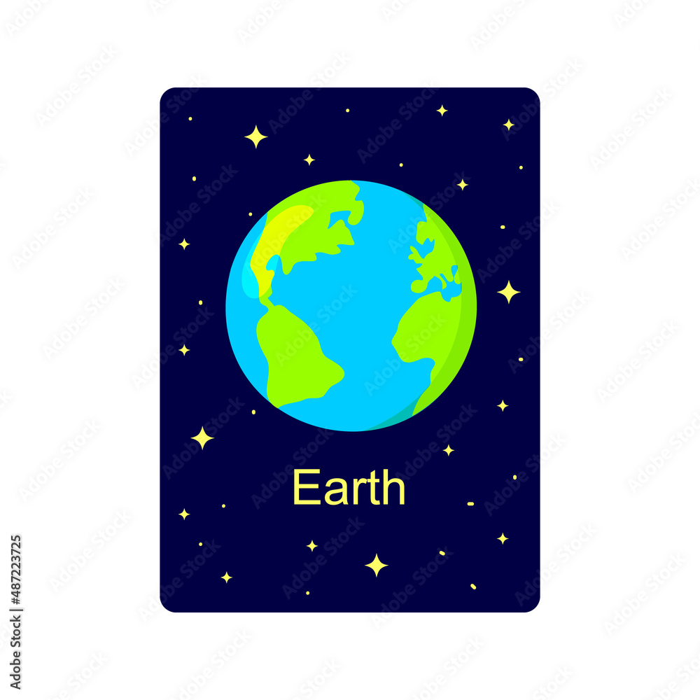 Kids flashcard with Earth planet on dark starry background. Educational ...