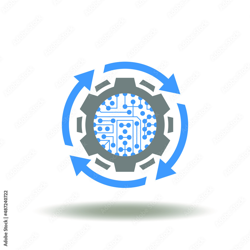 Vector illustration of gear with circuit and round arrows. Icon of ...