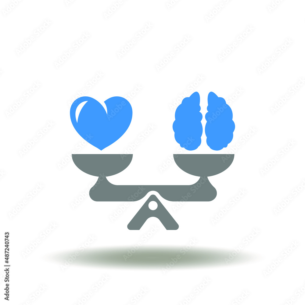 Vector illustration of seesaw balance with heart and brain. Icon of ...