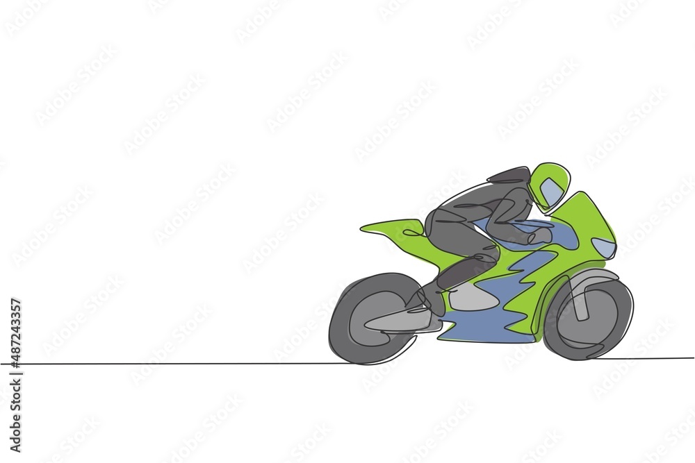One single line drawing of young moto racer practice to improve speed ...