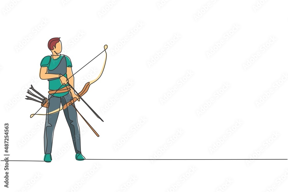Single continuous line drawing of young professional archer man focus ...