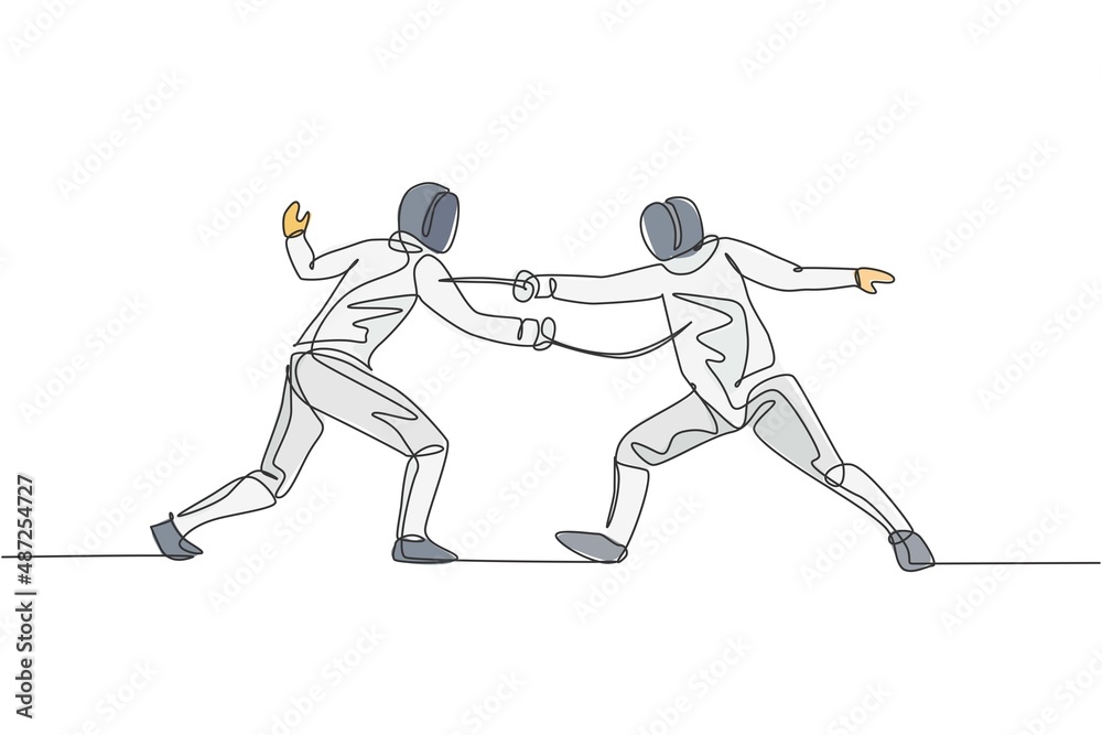 Single continuous line drawing of two young pro fencer athlete women in ...