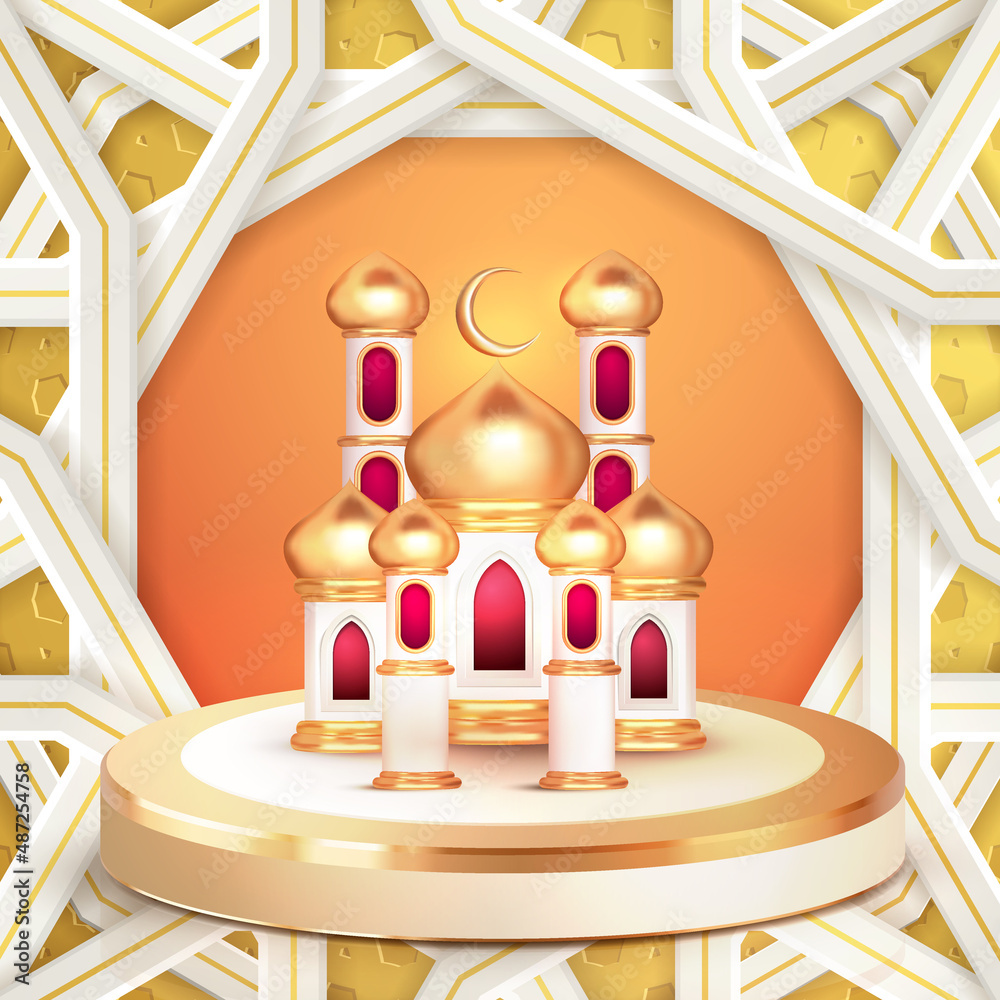 3d islamic house mosque. 3d vector. islamic background with podium and ...