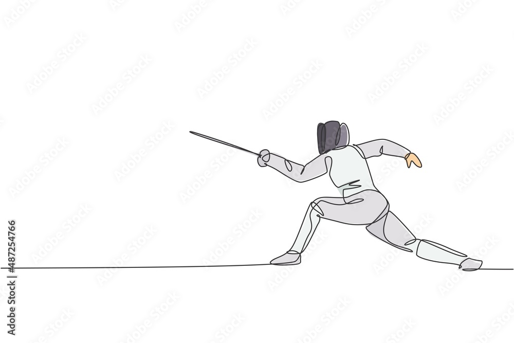 Single continuous line drawing young professional fencer athlete man in ...