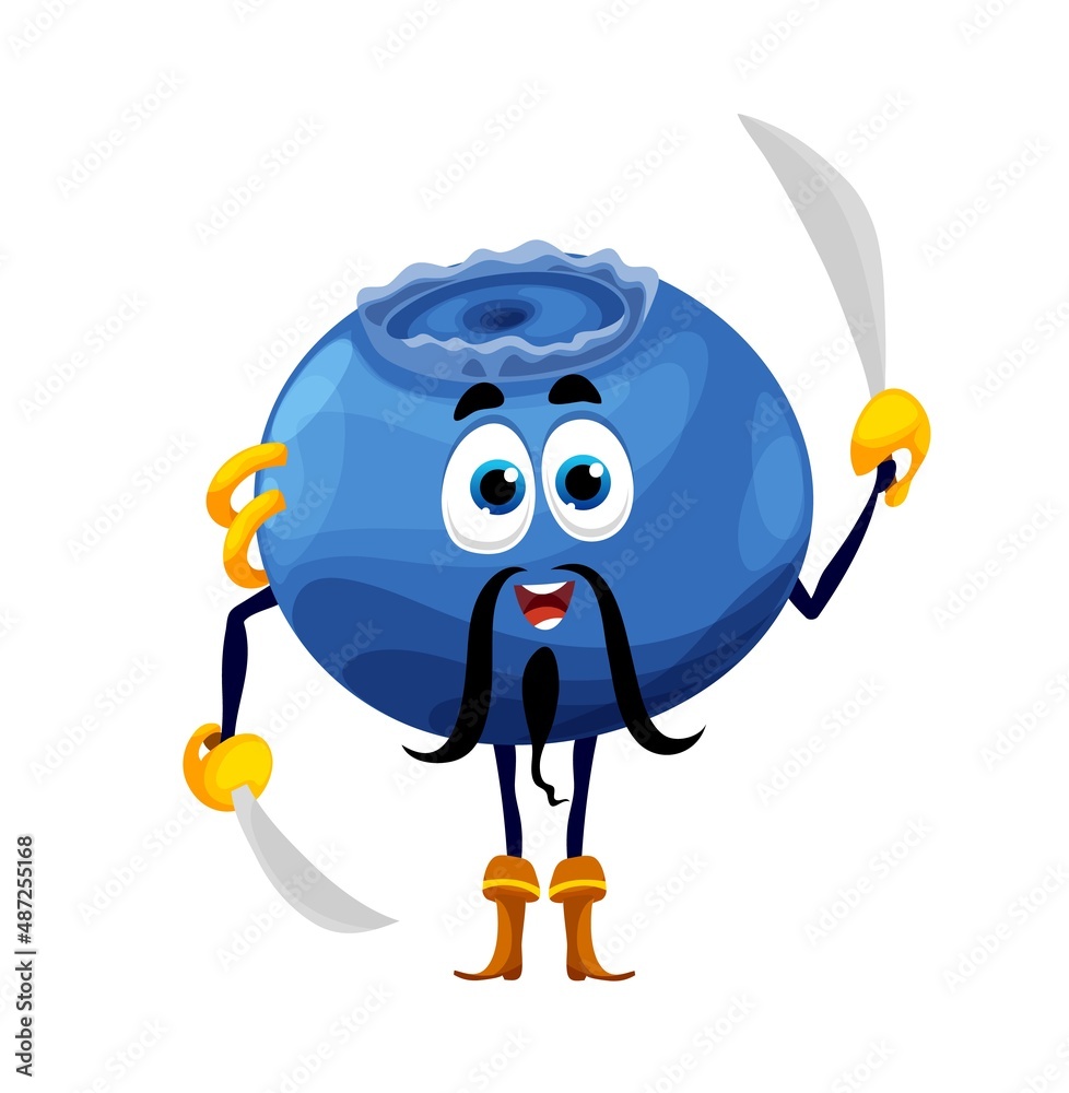 Cartoon blueberry corsair character with sabers. Vector happy bilberry ...
