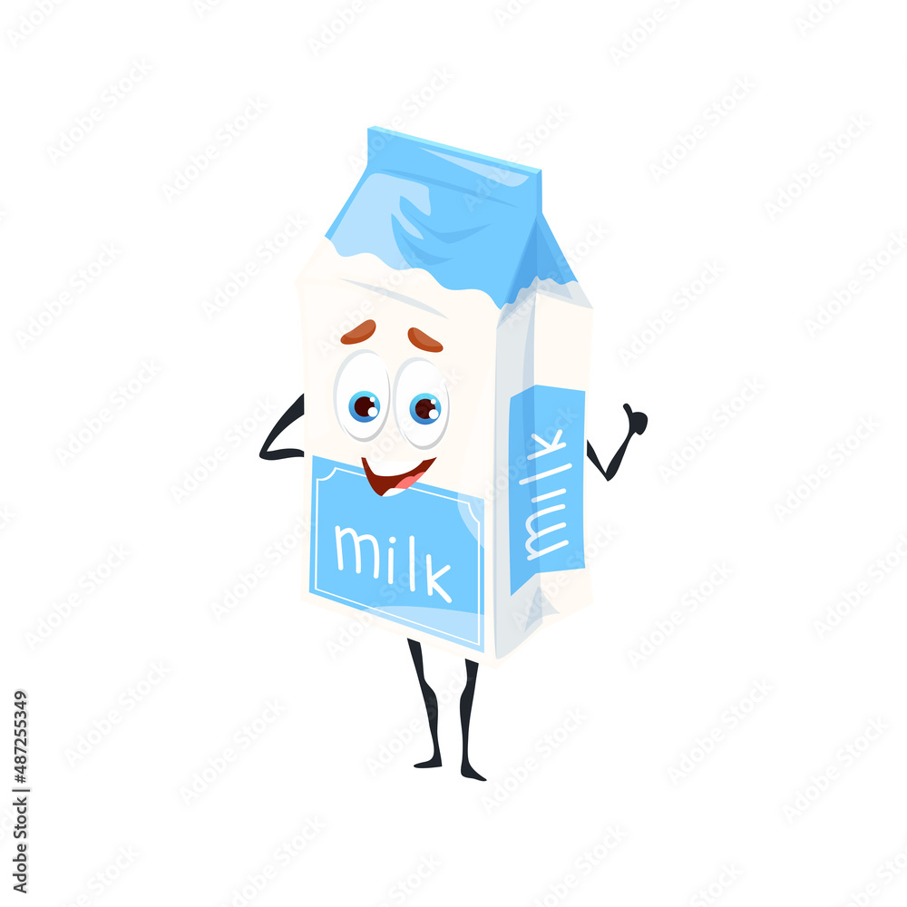 Cartoon funny milk character, dairy food and drink with cute happy face ...