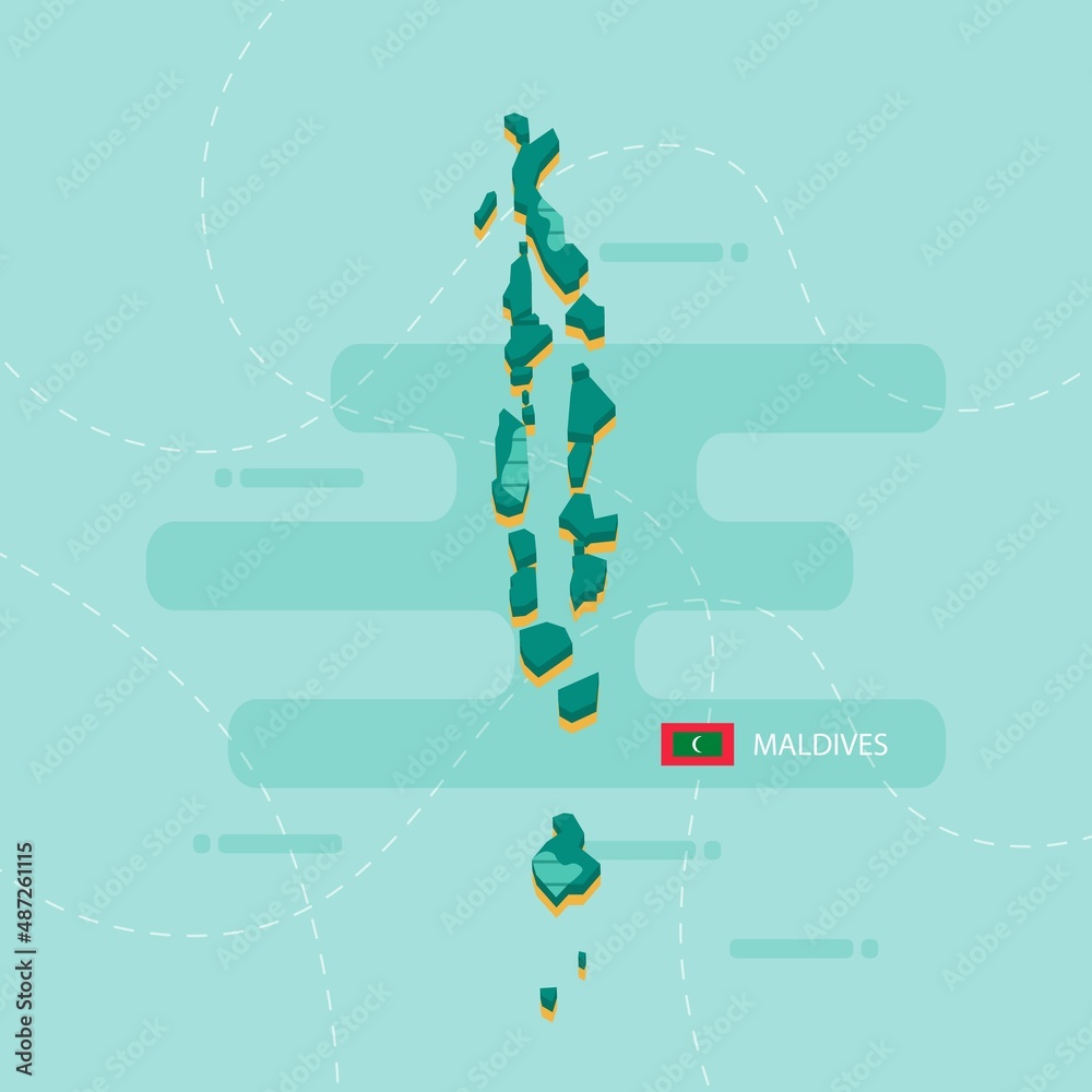 3d vector map of Maldives with name and flag of country on light green ...