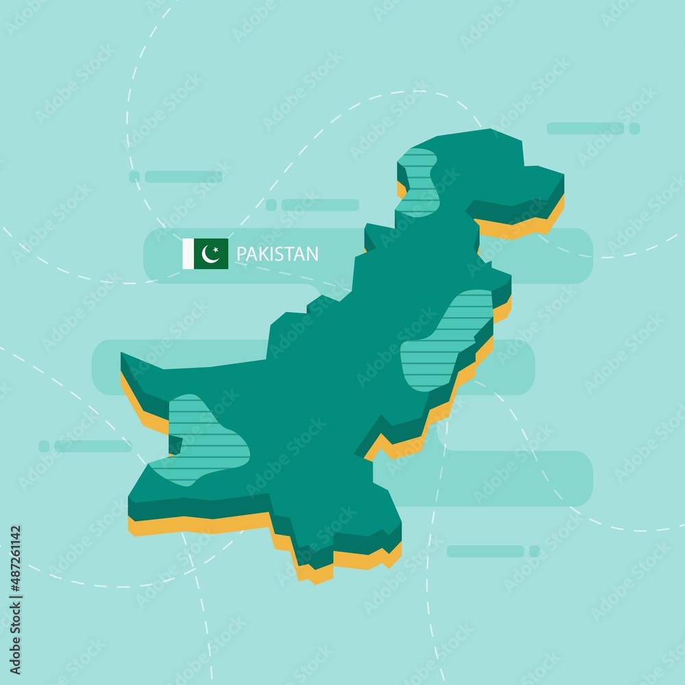 3d vector map of Pakistan with name and flag of country on light green ...