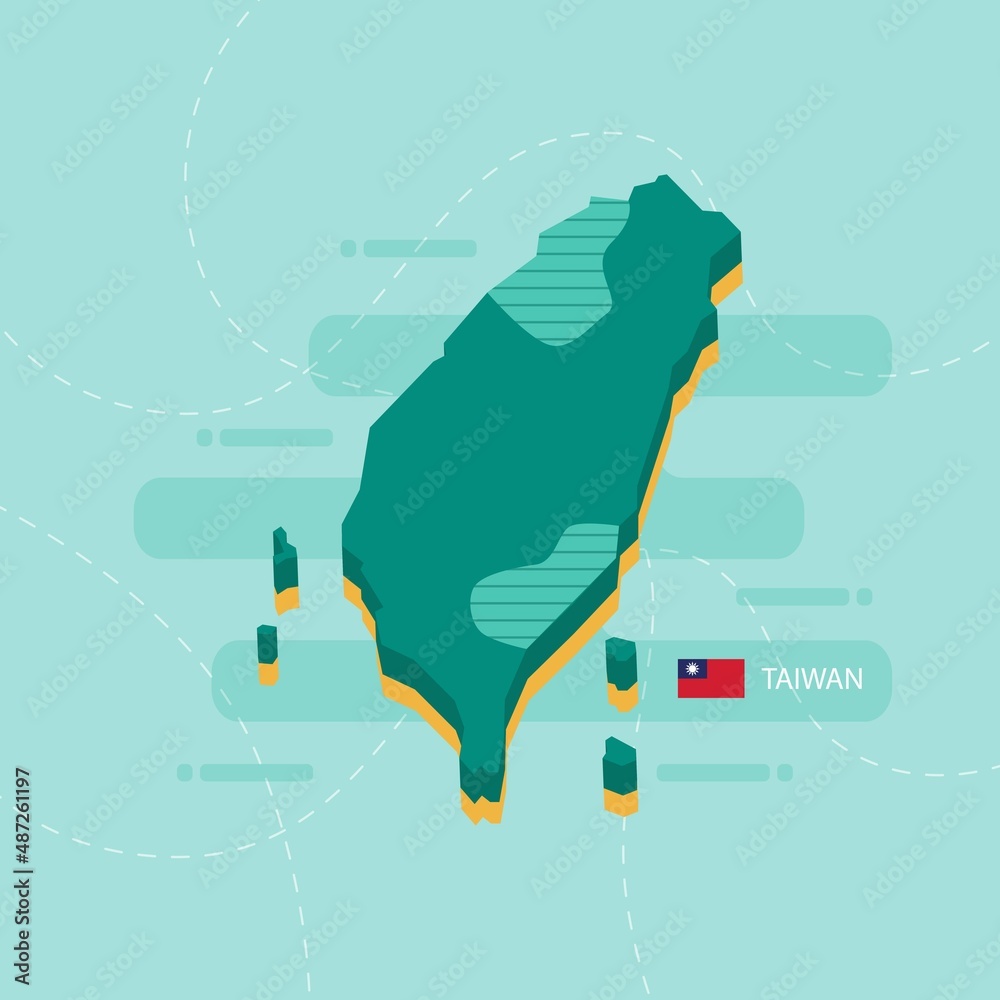 3d vector map of Taiwan with name and flag of country on light green ...