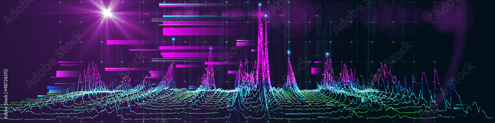 Abstract background with lines noisy algorithm grid connecting dots on dark. Visual presentation ...