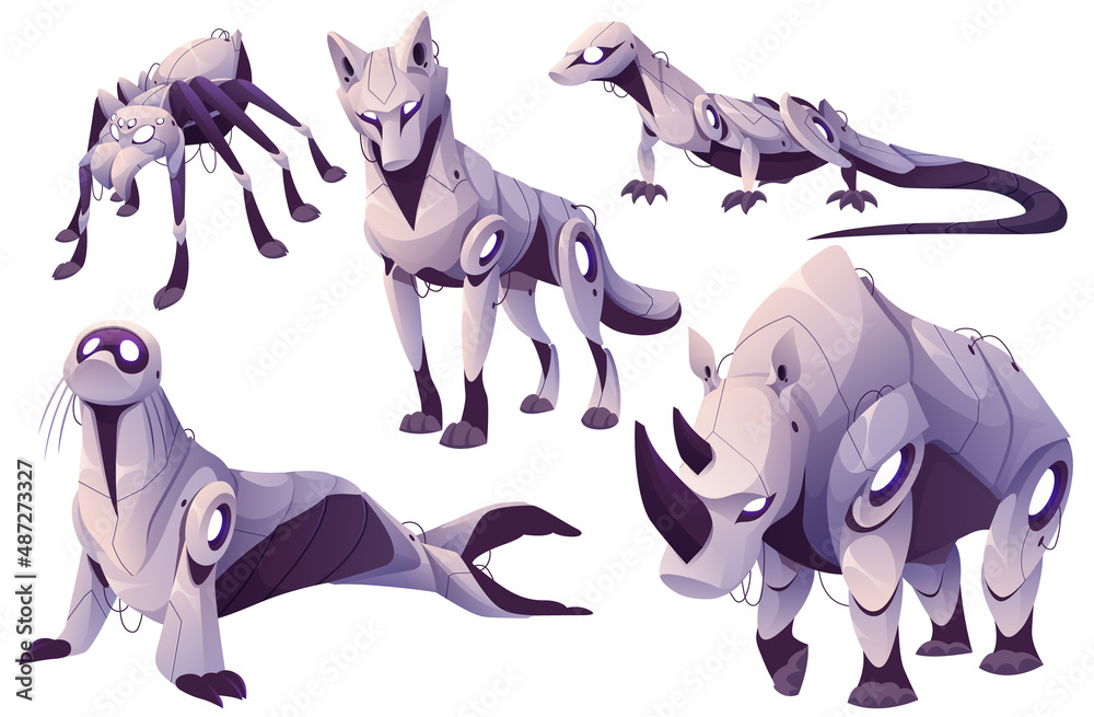 Robots animals, cyborgs spider, wolf, lizard, seal and rhino cartoon ...