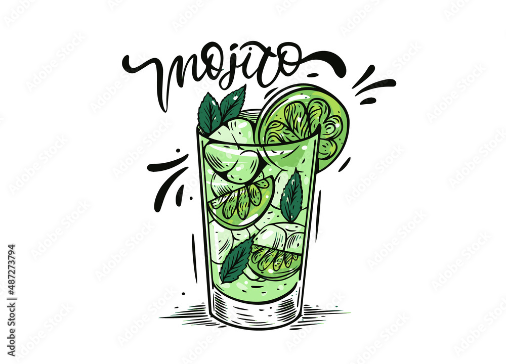 Mojito cocktail. Cute colorful vector illustration. Sketch line art ...