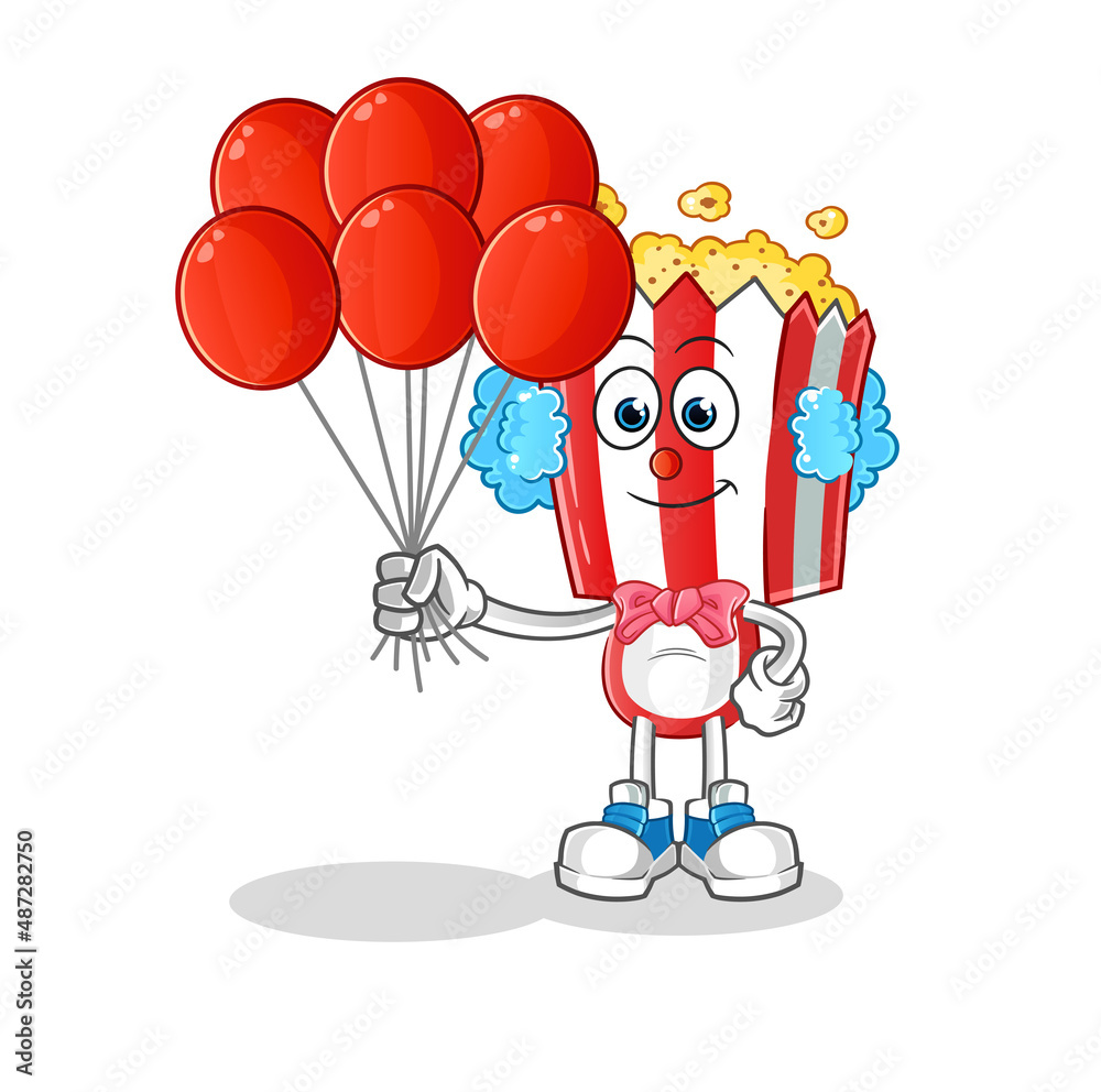 popcorn head cartoon clown with balloons vector. cartoon character ...