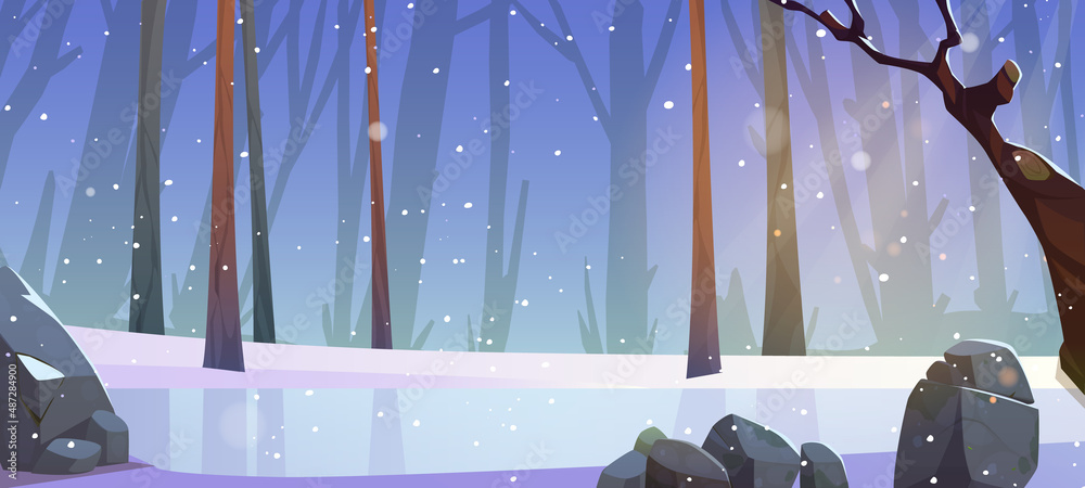 Snowfall in winter forest with frozen pond. Scenery nature landscape ...