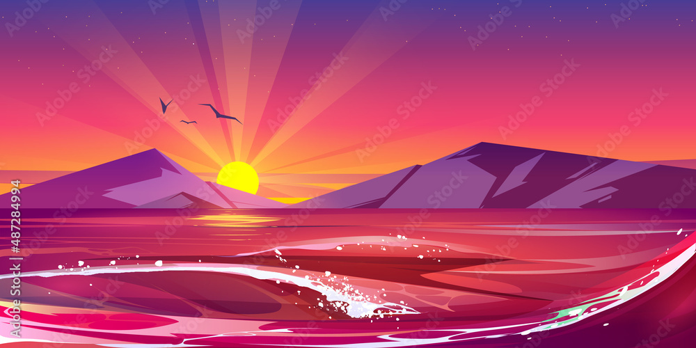 Sunset in ocean or sea with splashing waves, scenery nature landscape ...
