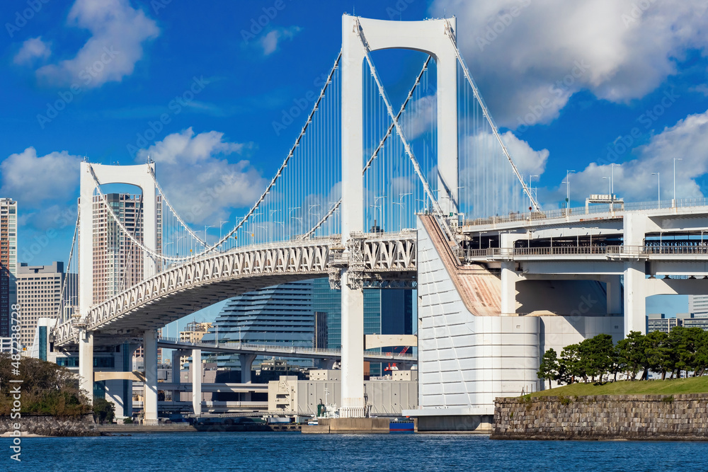 Tokyo Odaiba. Japan bridges. Tokyo skyline. Rainbow bridge on blue sky ...
