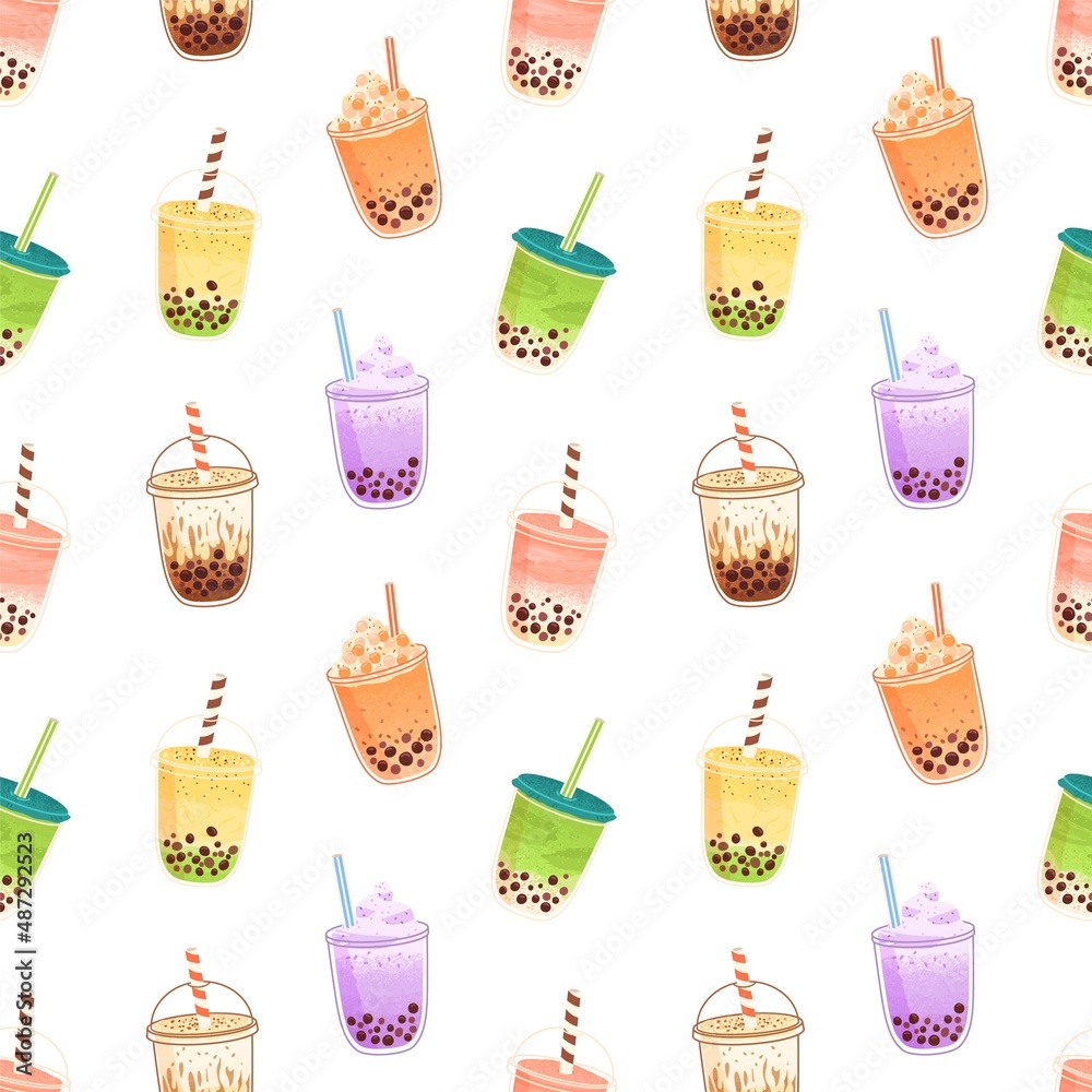Boba pattern. Seamless background with bubble milk tea. Repeating print ...