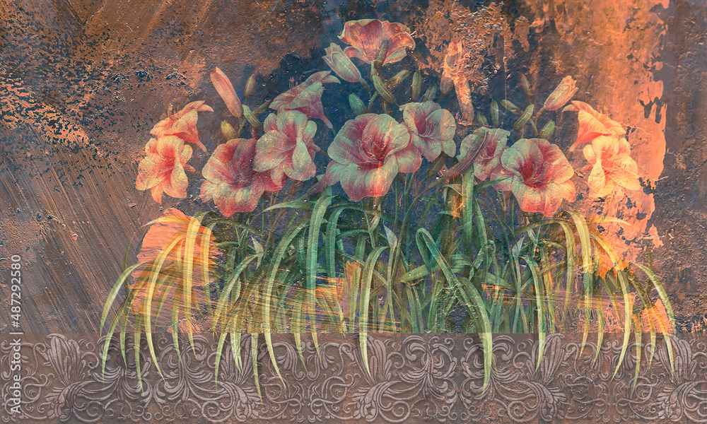 Beautiful flower border on concrete grunge wall. Floral background ...
