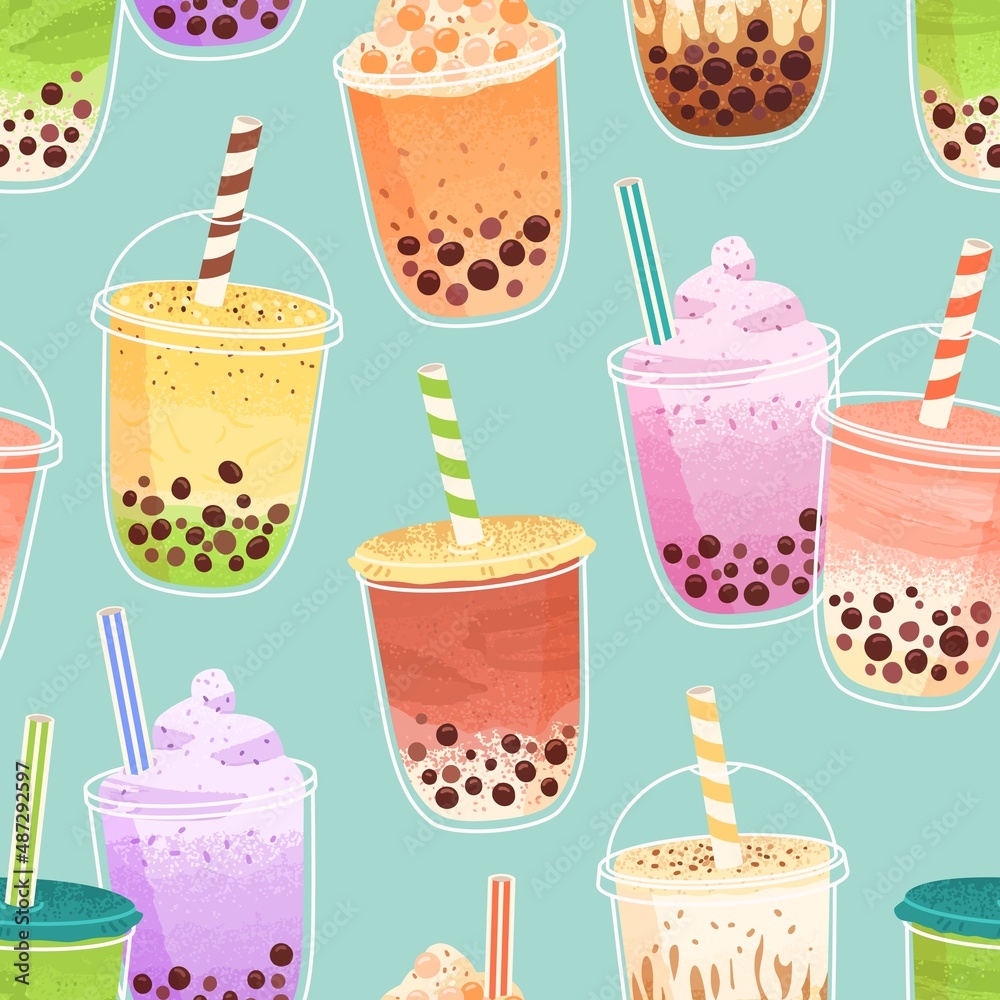Seamless pattern with bubble tea cups. Endless background with boba in ...