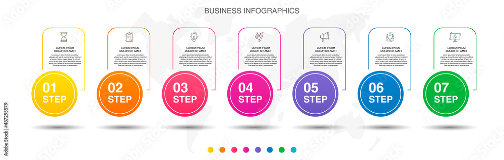 Vector line infographics template for 7 arrows and circles. Business ...