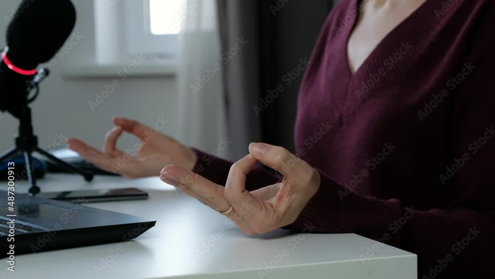 Mindful calm business woman sit at work desk take break relax at home ...