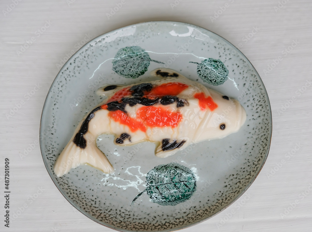 Healthy homemade dessert. Koi Fish Shape Konnyaku Jelly with Soy Milk ...