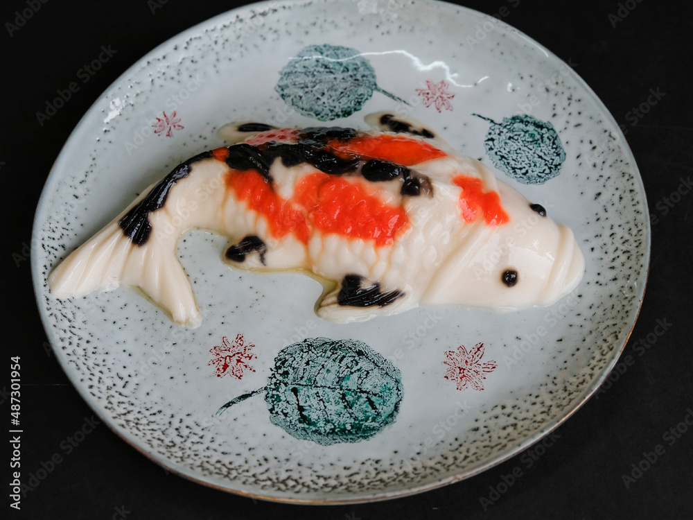 Healthy homemade dessert. Koi Fish Shape Konnyaku Jelly with Soy Milk ...