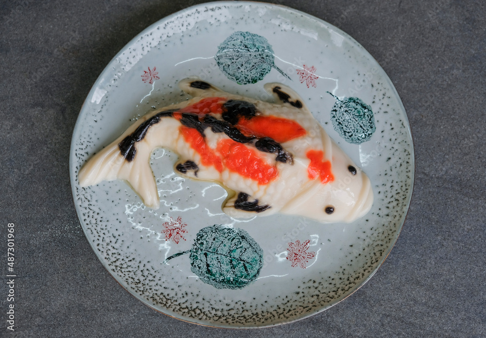 Healthy homemade dessert. Koi Fish Shape Konnyaku Jelly with Soy Milk ...