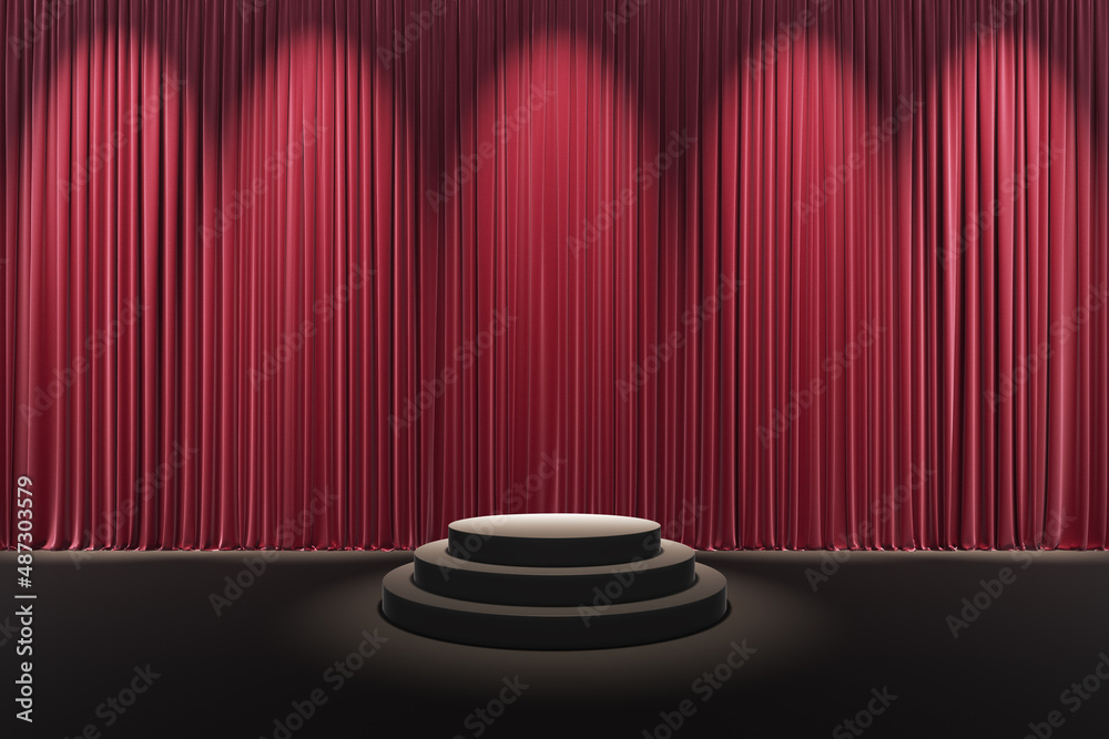 Black stage podium with cylinder form. theater musical red curtains ...